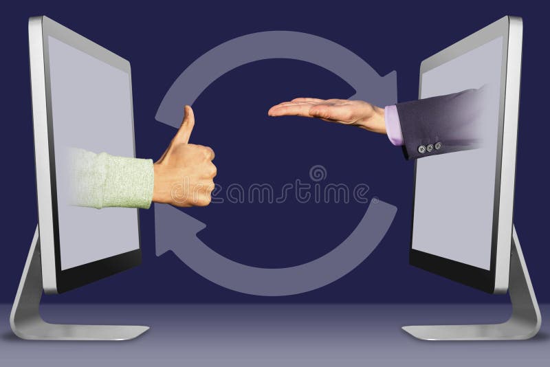 Computer Concept, Two Hands from Laptops. Thumbs Up, Like and Pleading ...