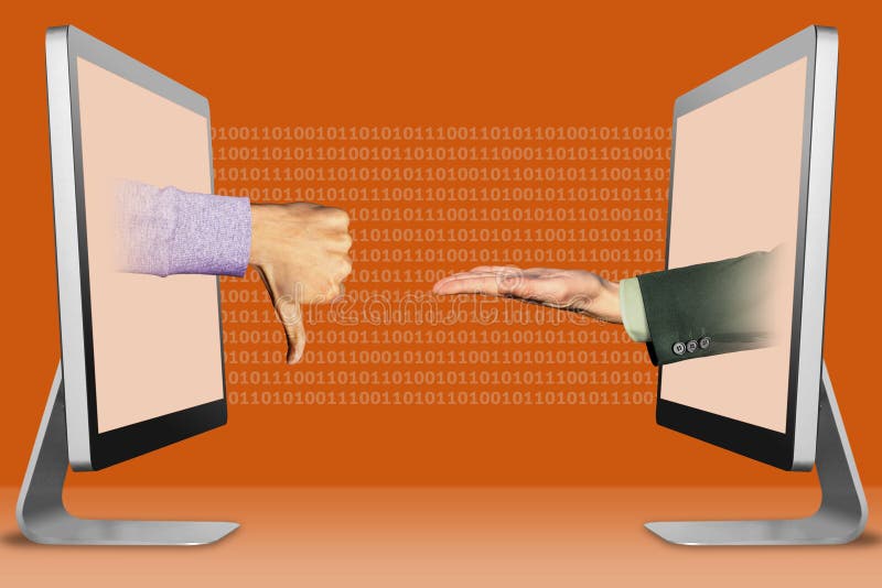 Computer Concept, Two Hands from Monitors. Thumbs Down, Dislike and ...