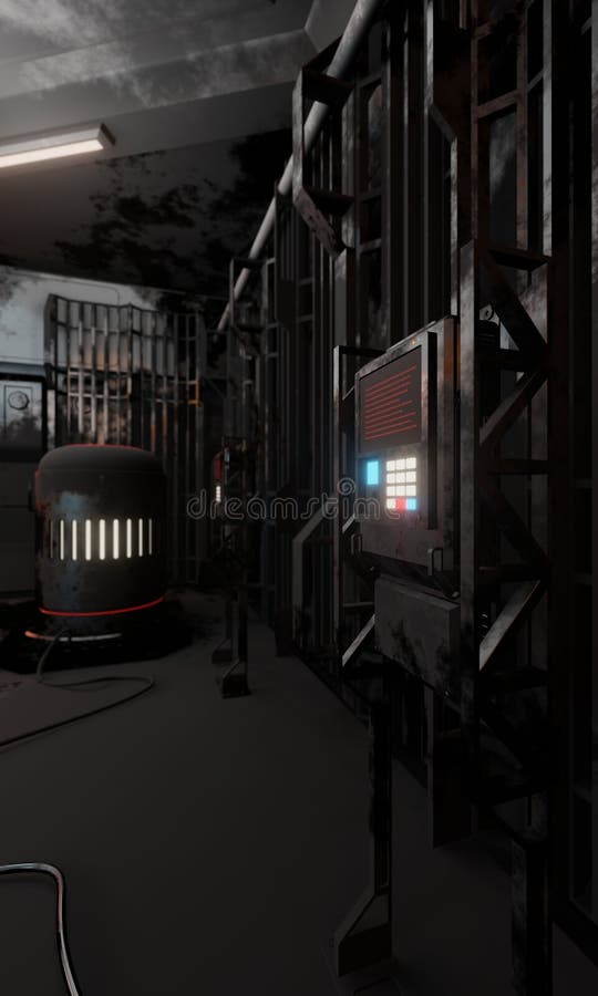 Computer Control Room in Dark Scene 3d Render Stock Illustration - Illustration of indoor ...