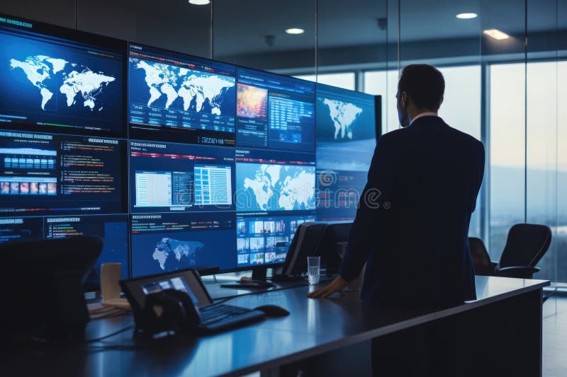 Engineer Man Room Display Screen Security Technology Information System ...