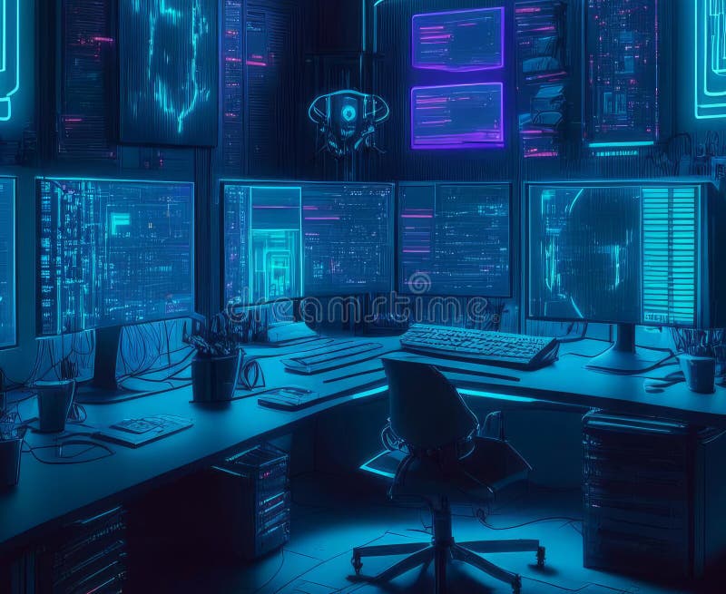 Computer Control Room with Several Screens in Neon Light. Illustration ...