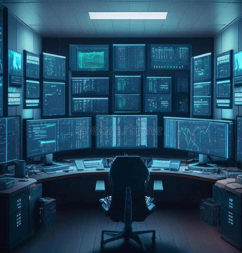 Computer Control Room with Several Screens in Neon Light. Illustration ...