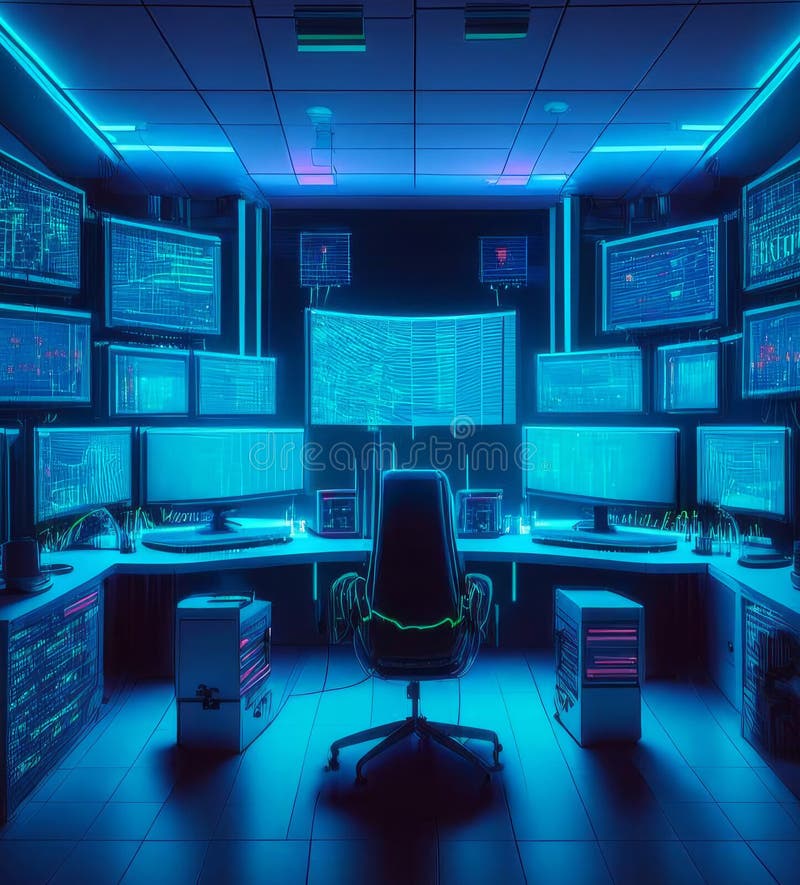 Computer Control Room with Several Screens in Neon Light. Illustration ...