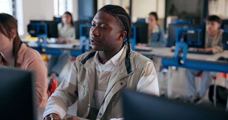 Computer, Conversation and Black Student in Classroom for Learning ...