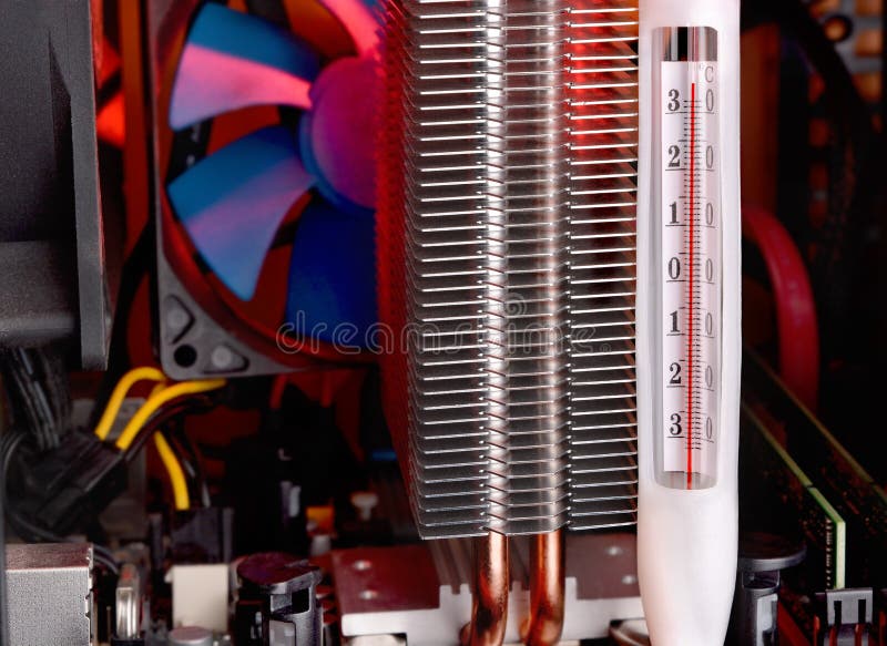 Computer Cooling System Next To the Temperature Thermometer. Stock ...