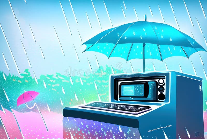 Computer Covered with an Umbrella from the Rain. Generative Ai Stock ...