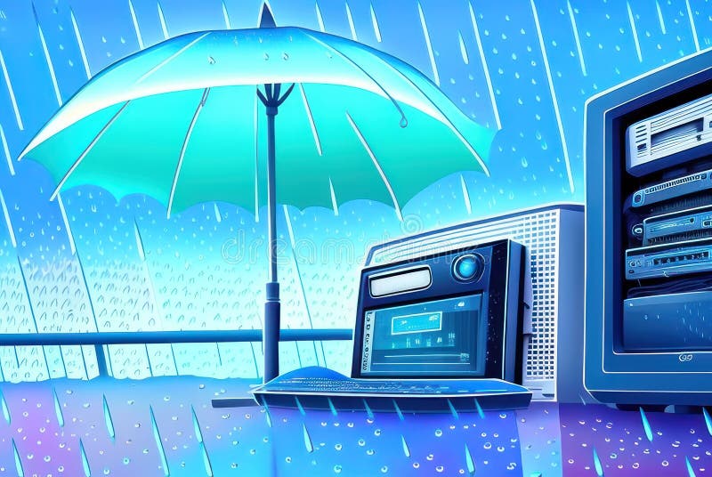 Computer Covered with an Umbrella from the Rain. Generative Ai Stock ...