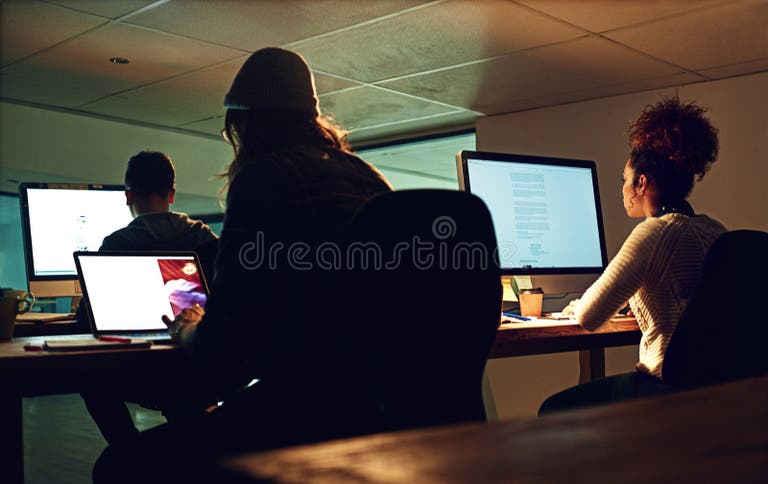 Computer, Coworking Team or Night People Programming ERP Software, Cybersecurity System or ...