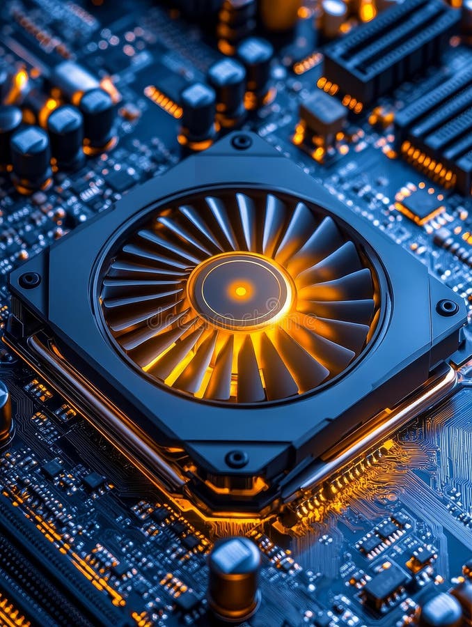 Computer CPU Cooler Fan Closeup Hightech Cooling System Electronic Circuit Glowing Precision ...