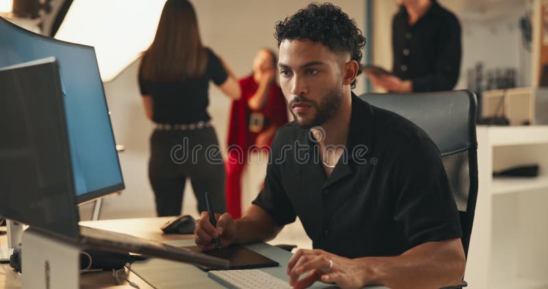 Computer, Creative Man and Photography Editor in Studio for Drawing ...