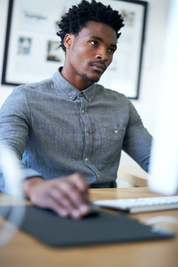 Computer, Creative and Research with Black Man in Office for Service ...