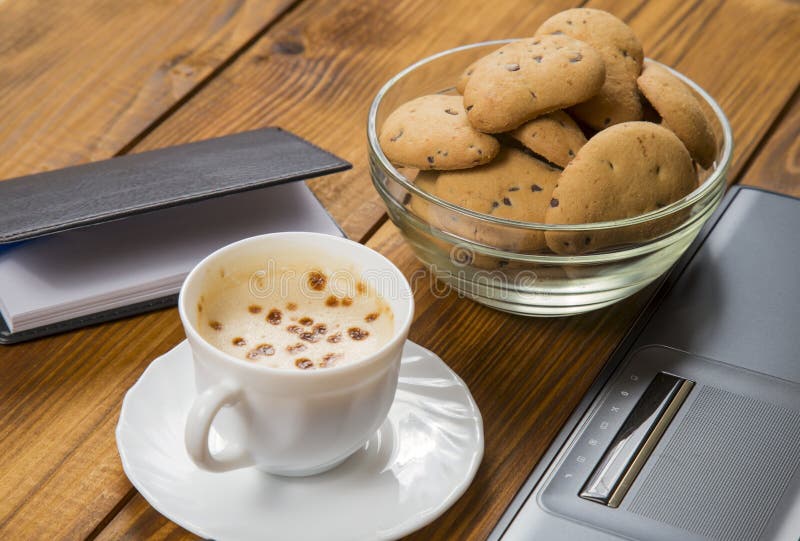 Computer a Cup of Coffee and Cookies Stock Image - Image of stack ...