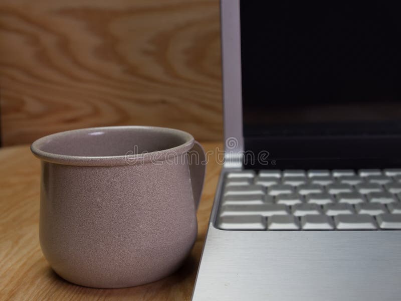 Computer and Cup of Coffee on Wooden Desk. Stock Image - Image of ...