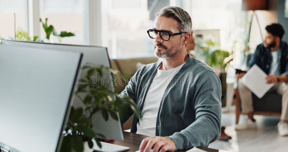 Computer, Cybersecurity and Programming with Man in Creative Workplace for Coding or Design ...