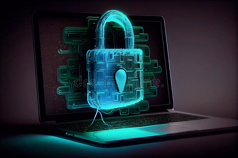 Computer on Dark Black Background with Neon Lights and Lock As a ...