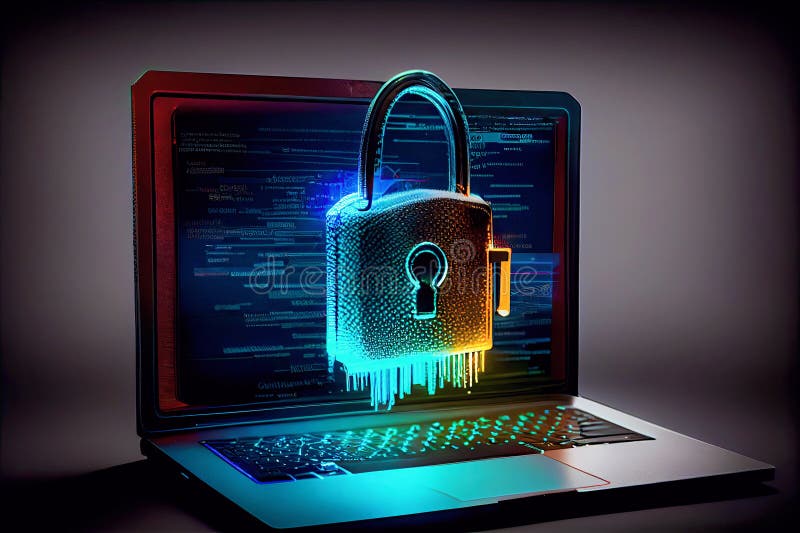 Computer on Dark Black Background with Neon Lights and Lock As a ...