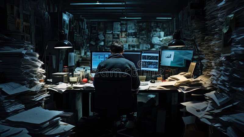 Computer dark office space stock illustration. Illustration of ...