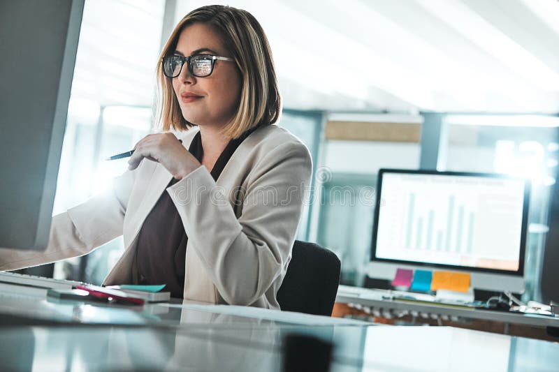 Computer, Data and Business Woman Reading Email, Planning or Research ...