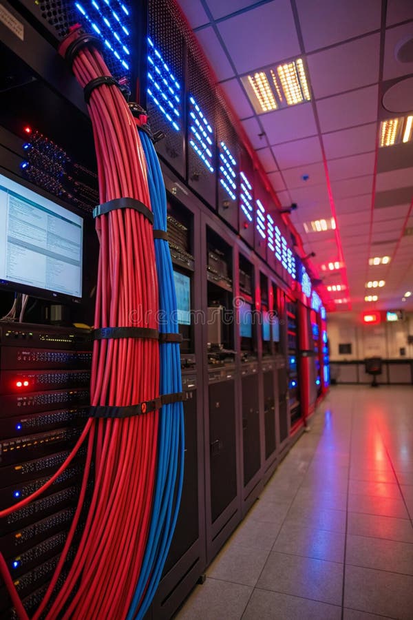 Computer Data Cables with Neon Lights in Control Room Stock ...