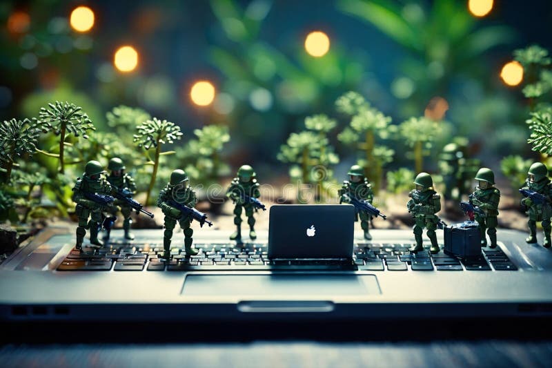 Miniature Military Soldiers are Guarding a Laptop from Viruses, Spyware ...