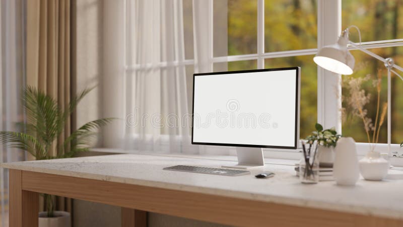 A Computer and Decorative Items on a White Marble Desk, Set Against a ...