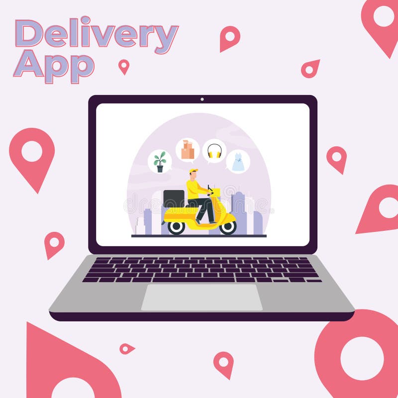 Computer with Delivery App Delivery Concept Template Vector Stock ...