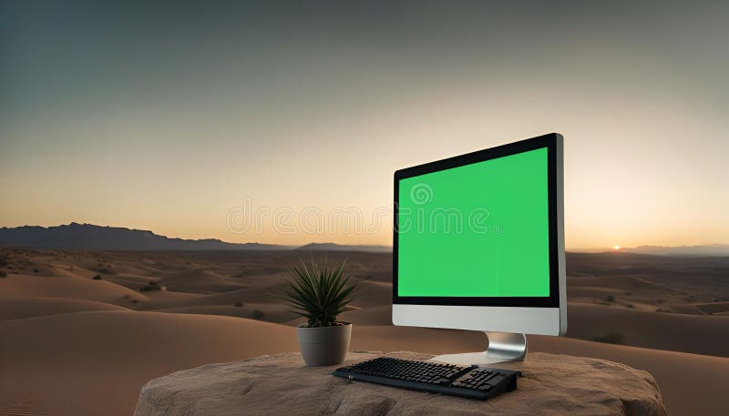 Computer in Desert Sunset stock image. Image of green - 348607371