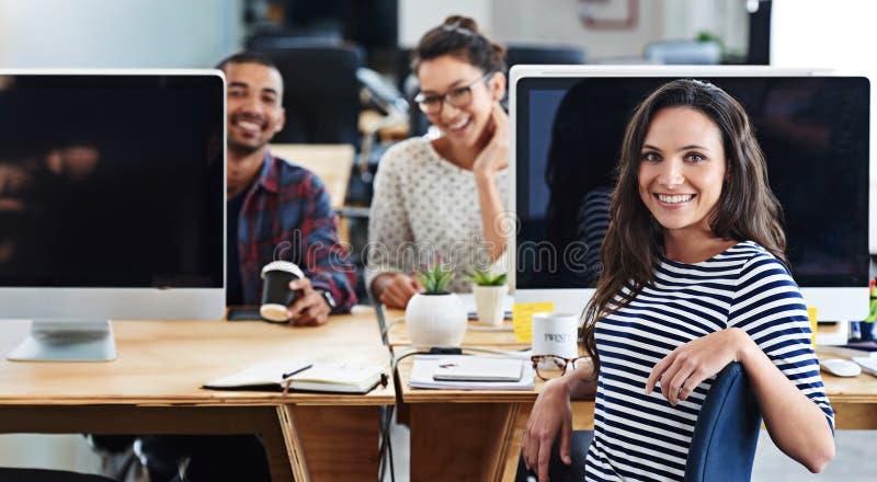 Computer, Design and Desk with Portrait of Employee Team in Office ...