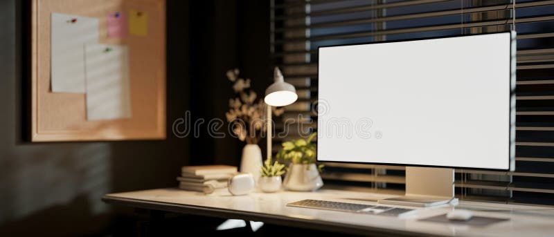 A Computer on a Desk Against the Window in a Modern White Office at ...