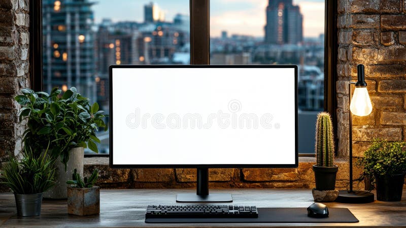 Computer Desk with Computer and Blank Screen in Minimal Office with ...