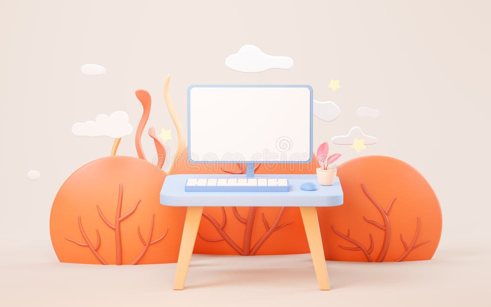 Computer on the Desk with Cartoon Style, 3d Rendering Stock ...