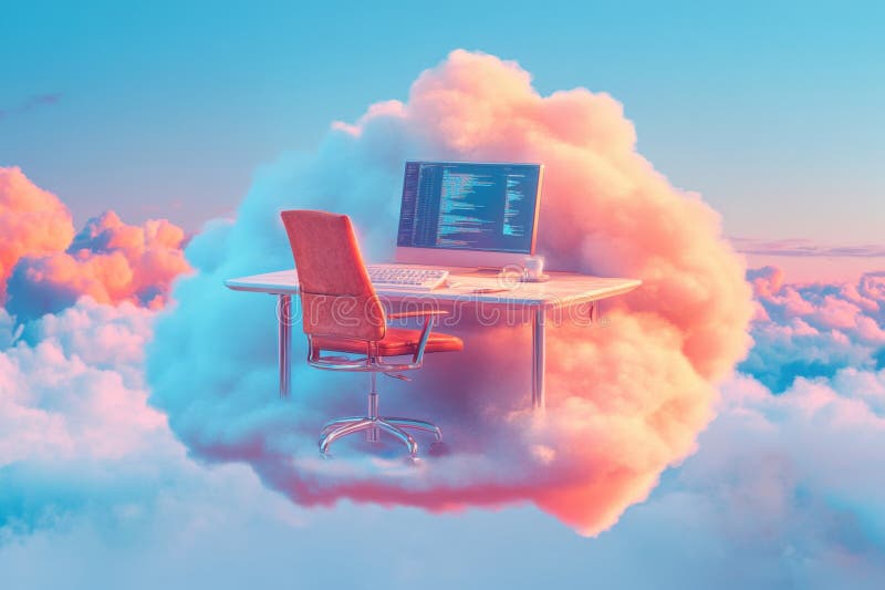 A Computer Desk with a Chair and a Computer on Top of a Cloud Stock ...