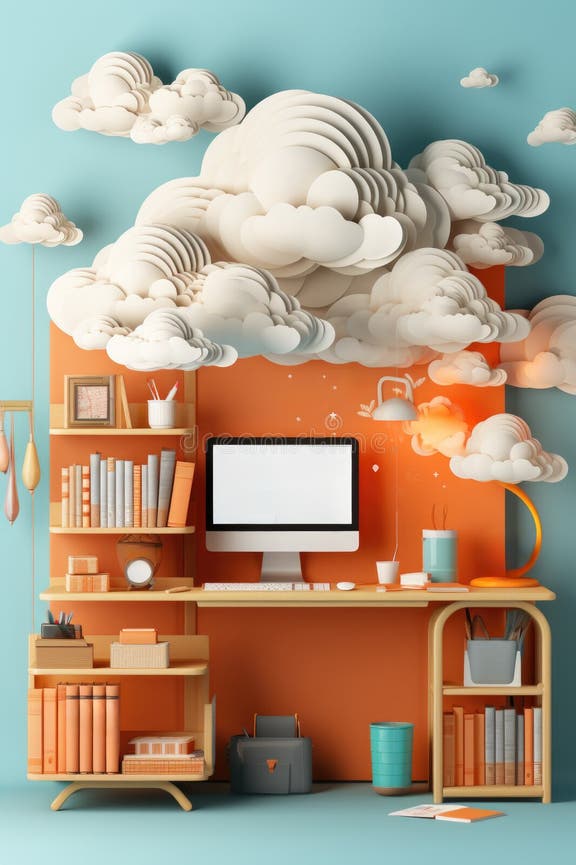 A Computer Desk with a Cloud in the Sky, AI Stock Photo - Image of ...