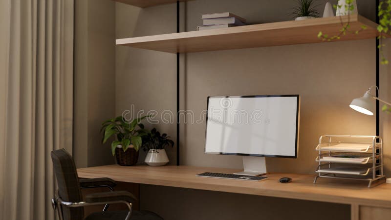 A Computer Desk in a Contemporary and Comfortable Home Office Workspace ...