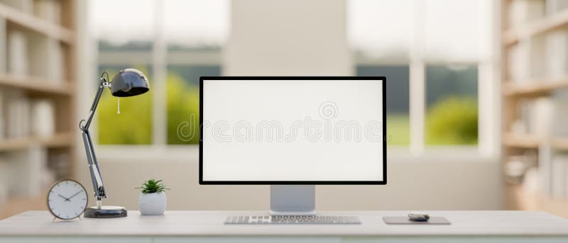 A Computer Desk in a Contemporary Room Features a Computer with a White ...