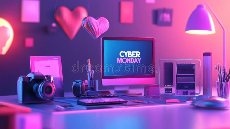Computer Desk with Cyber Monday Display and Neon Lights Stock ...