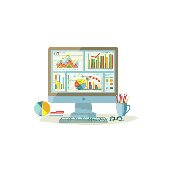 Computer Desk with Data Analytics Display. Vector Illustration Design ...
