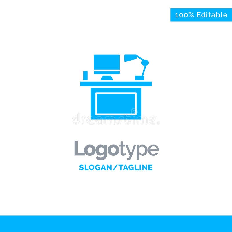 Computer, Desk, Desktop, Monitor, Office, Place, Table Blue Solid Logo ...