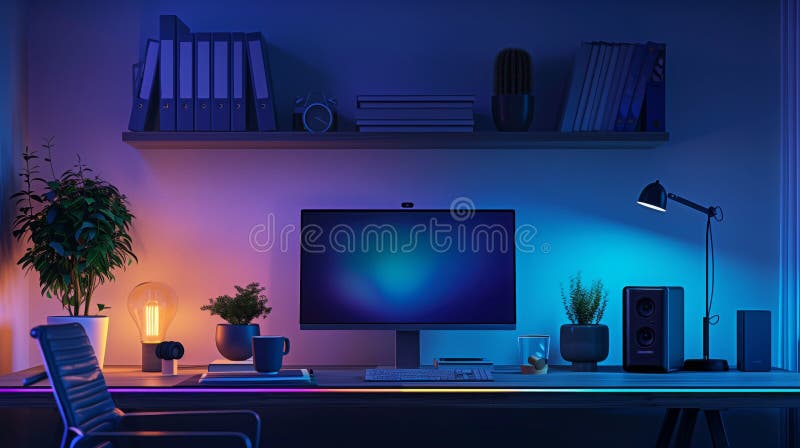 A Computer Desk Displaying a Monitor and Speakers, Creating a ...