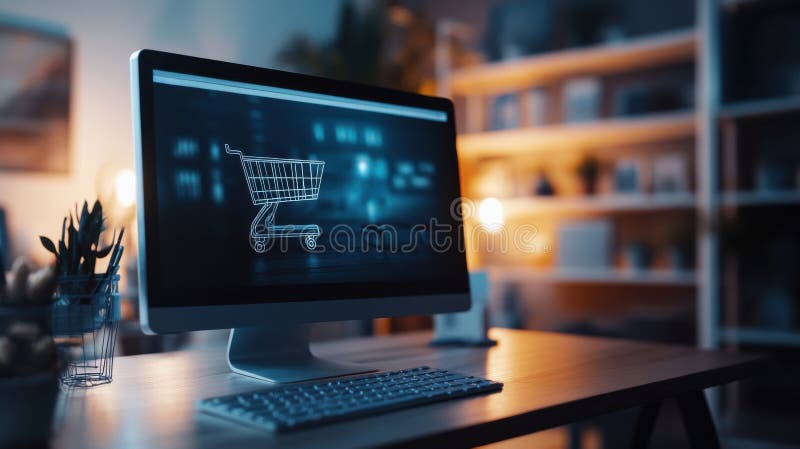 Computer on a Desk Displaying an Online Shopping Cart with Various ...
