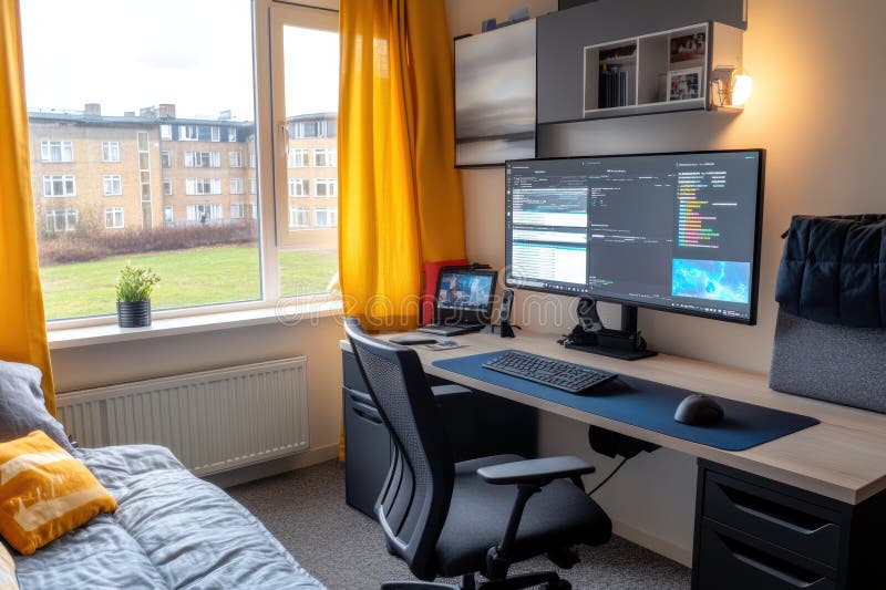 A Computer Desk Featuring a Monitor and Keyboard for Workspace Setup ...