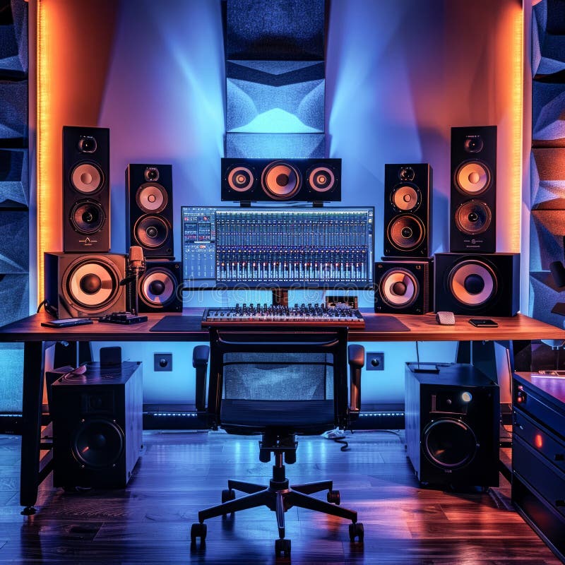 Modern Computer Desk Setup with Speakers and Keyboard. Generative AI ...