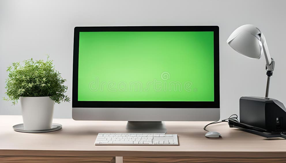 Computer Desk with Green Screen Stock Illustration - Illustration of ...
