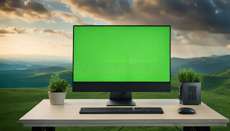 Computer on a Desk with Green Screen and Mountain View Stock ...