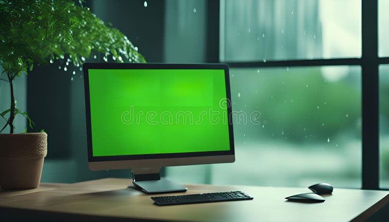 Computer on a Desk with a Green Screen in a Rainy Day Stock ...