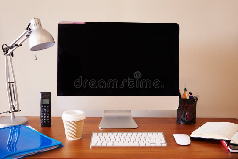 Computer on Desk in Home Office Stock Photo - Image of room, monitor ...
