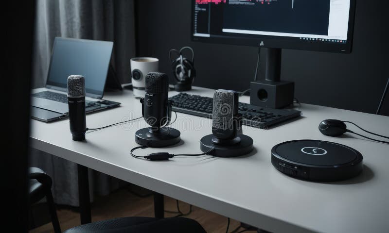 Computer Desk with Keyboard and Microphone Stock Illustration ...