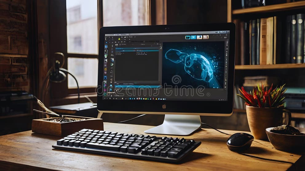 A Computer Desk with a Keyboard, Mouse, and Monitor. Stock Illustration ...