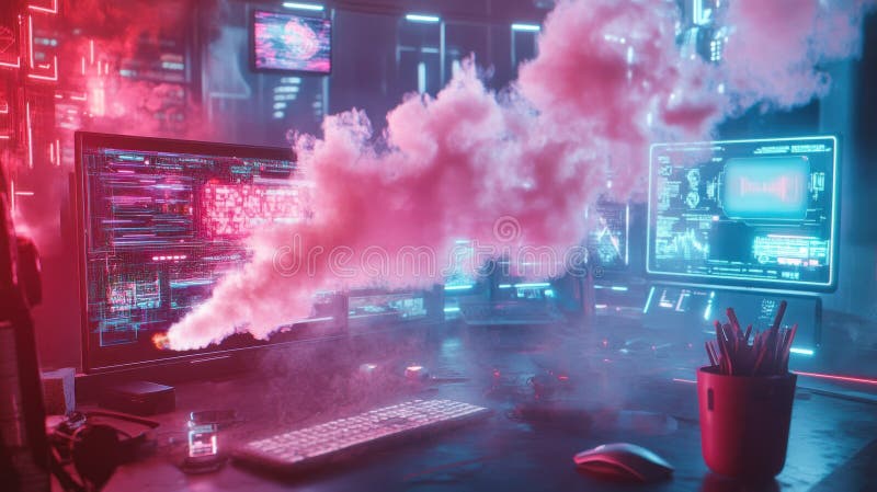 A Computer Desk with a Keyboard, Mouse, and a Vape Cloud, Lit in Pink ...