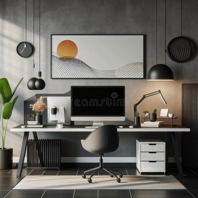 Computer Desk and Lamp in the Interior of a Modern Office Generative Ai ...